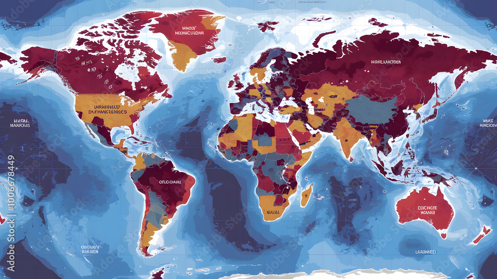 A detailed map of the world with key locations of UN headquarters and ...