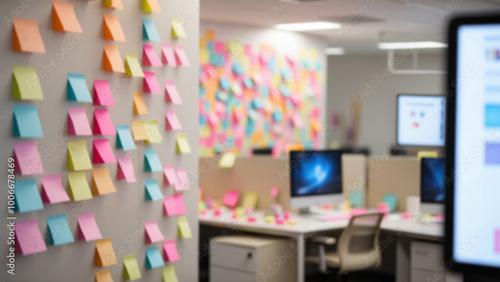 An abstract representation of a modern office filled with colorful post ...
