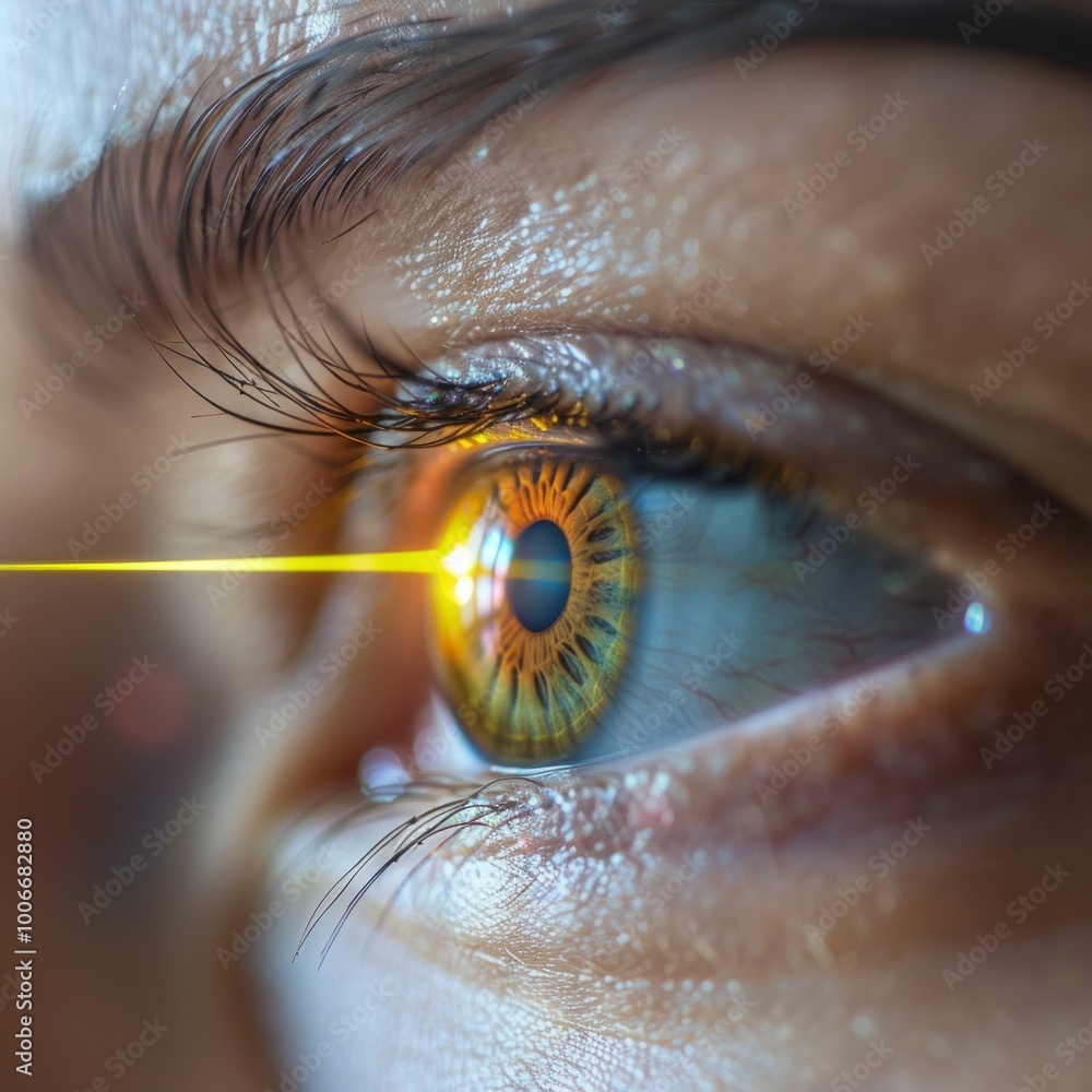 Close up of a human eye with a bright laser beam focused on the iris ...