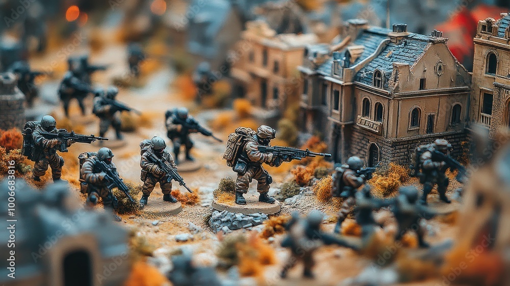 Miniature soldiers in a detailed urban battlefield scene. Stock ...