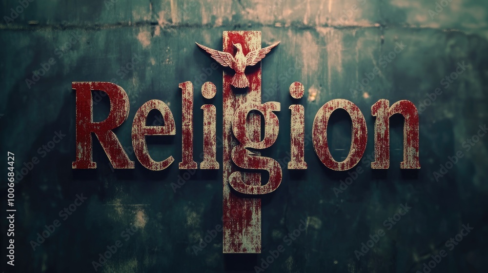 Typography of the word "Religion" in the form of a cross, with subtle ...