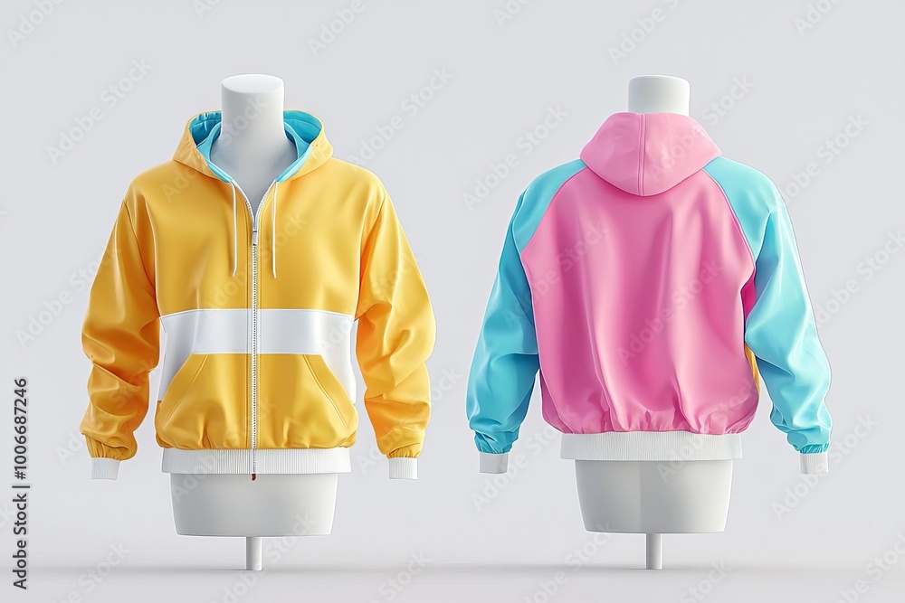 High-resolution 3D render windbreaker, front and back views, bold color ...