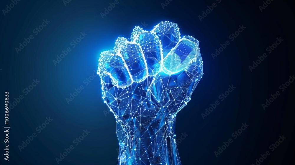 Empowerment and Unity Concept, digital raised clenched fist in low poly ...