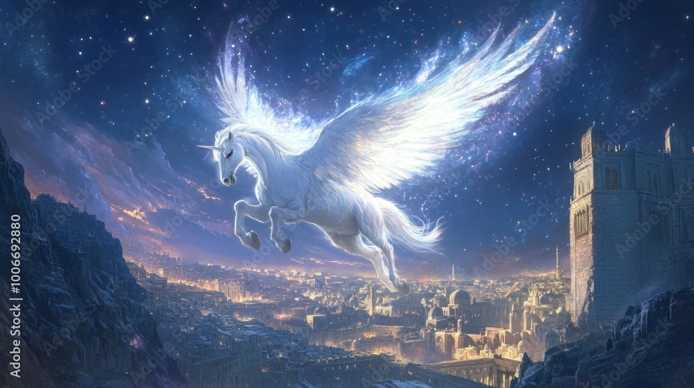 celestial creature Buraq, as described in Islamic mythology, soaring ...