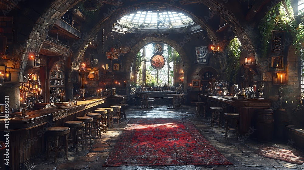 Dark and moody fantasy tavern interior with stone walls and wooden bar Stock Illustration ...