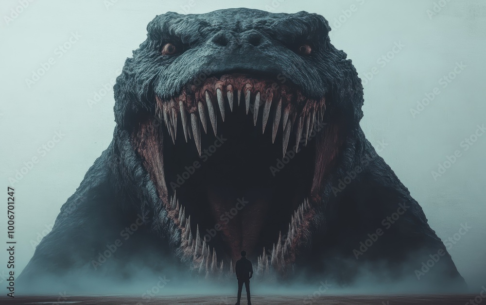 A colossal creature towers over a lone figure, illustrating the ...
