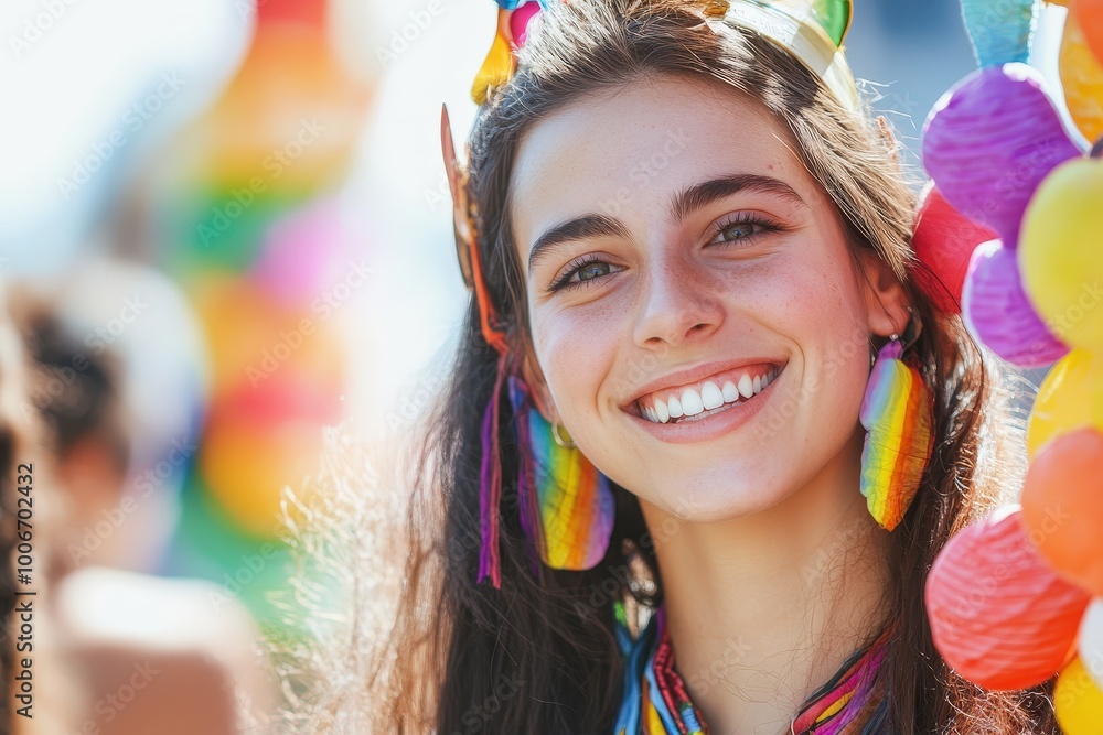 Radiant Pride: A young woman beams with joy, adorned in rainbow ...