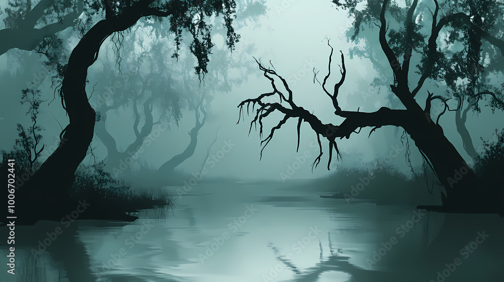 Mysterious and misty swamp landscape with eerie fog and twisted trees, fog, mist, swamp. Eerie ...