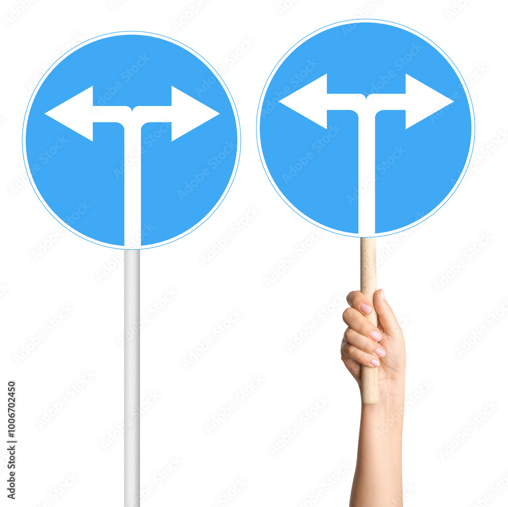 Set of sign with arrows left and right in hand and on pole. For ...