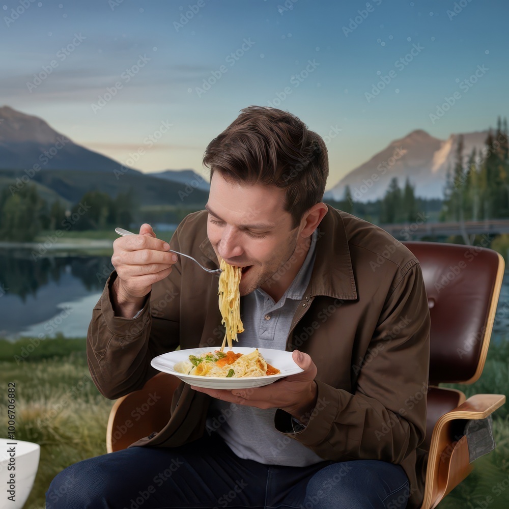 Man sitting and eating pasta in the plate, Pasta, noodles, spaghetti ...