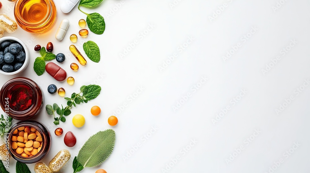 White background with supplements and vitamins in focus, providing ...