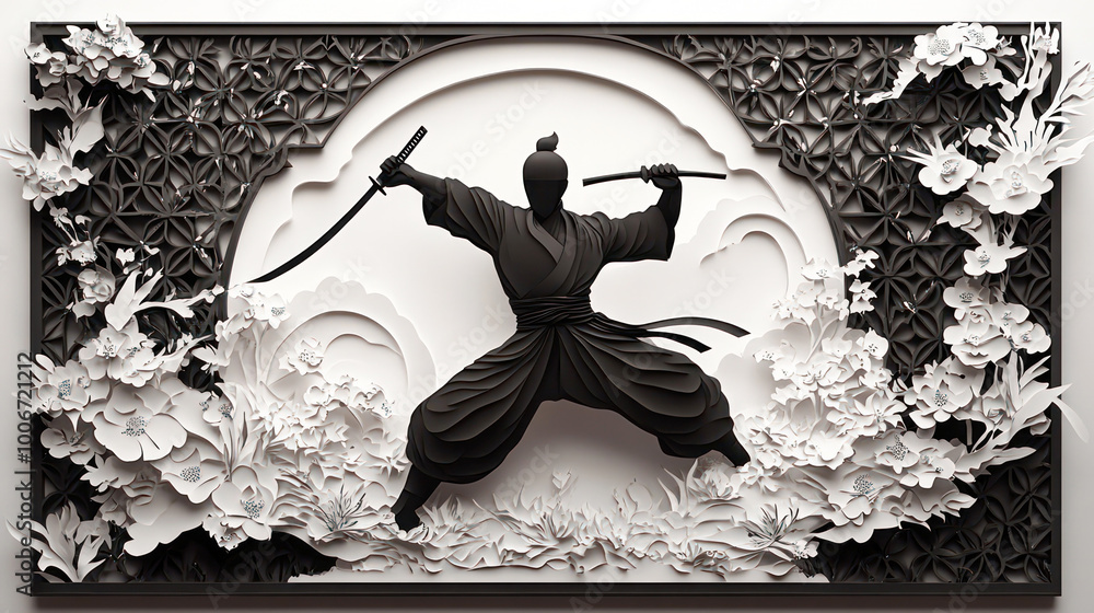 paper cutout A man in a samurai costume is holding a sword and is ...