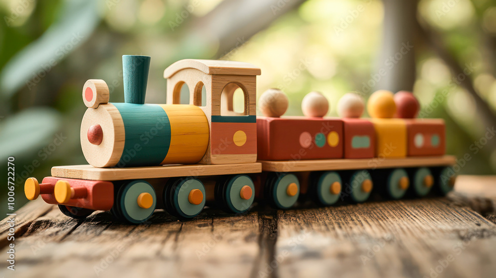3D image of children's toy trains including rails. A locomotive-type ...