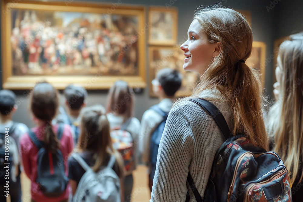 school trip to a museum, kids observe art, guide leads educational tour ...