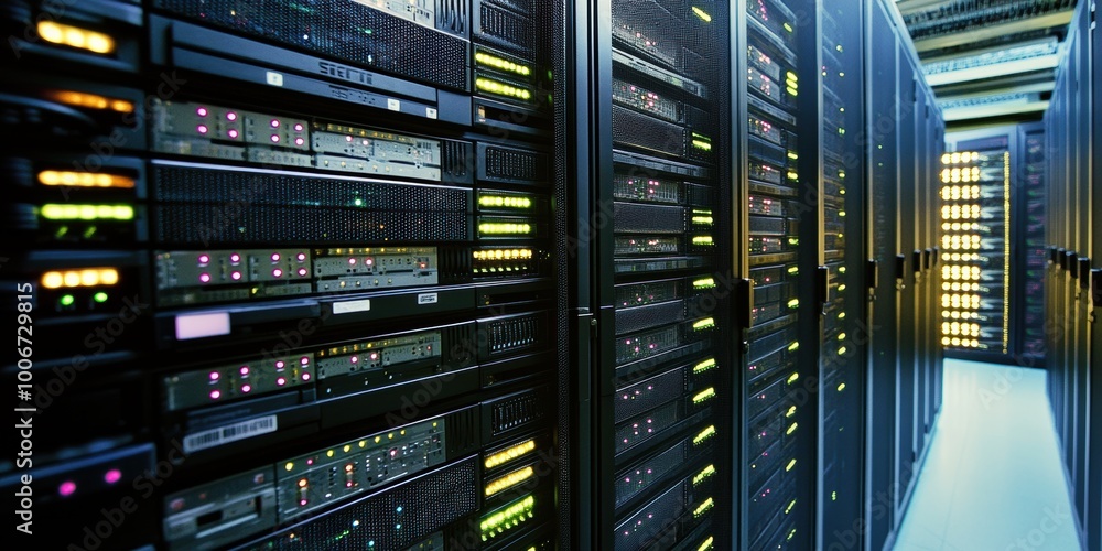 Data servers lined up in a modern data center illuminated by multicolored lights showcasing ...