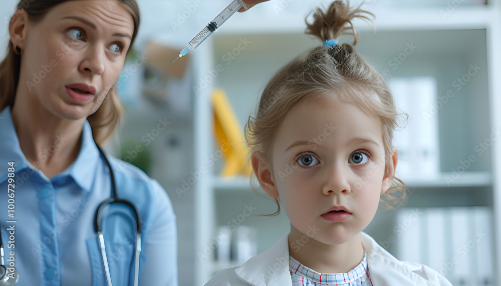 Doctor holding syringe with chickenpox vaccine and scared child on ...