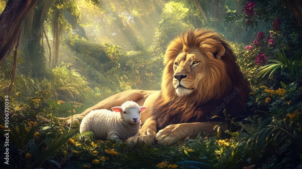 surreal biblical scene depicting a majestic lion lying peacefully with ...