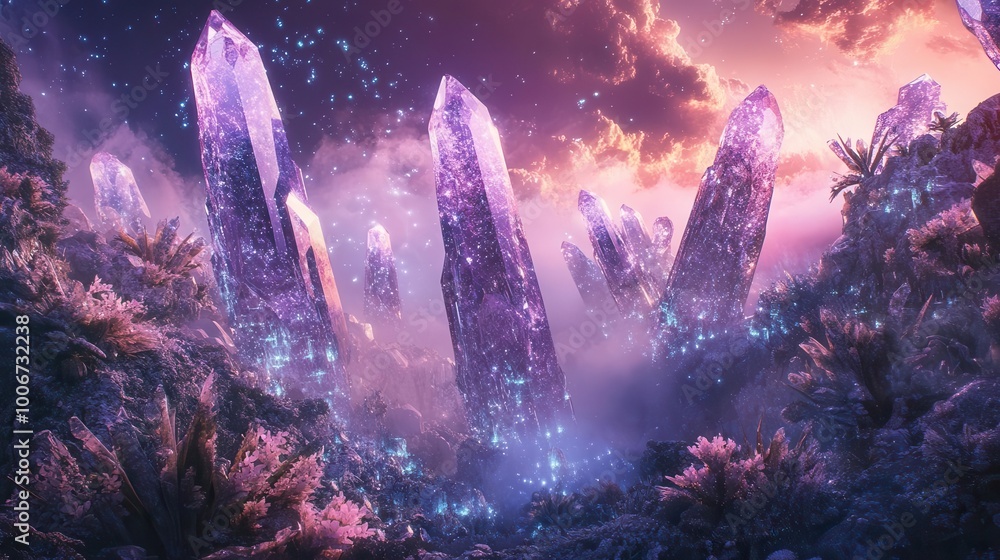 surreal crystalline landscape, towering purple quartz formations ...