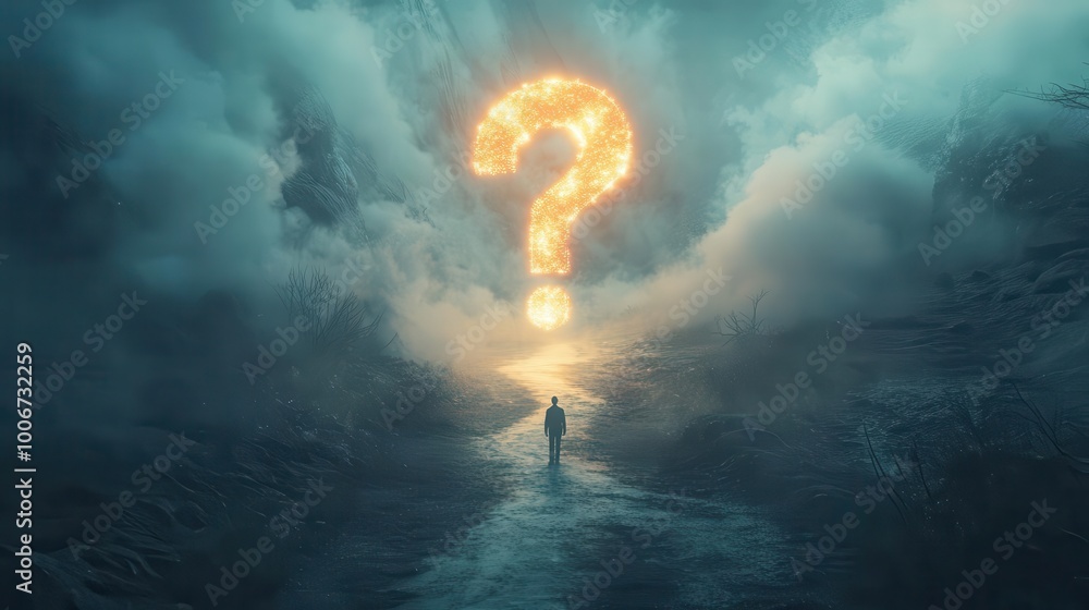 surreal decision landscape, giant glowing question mark hovering over ...