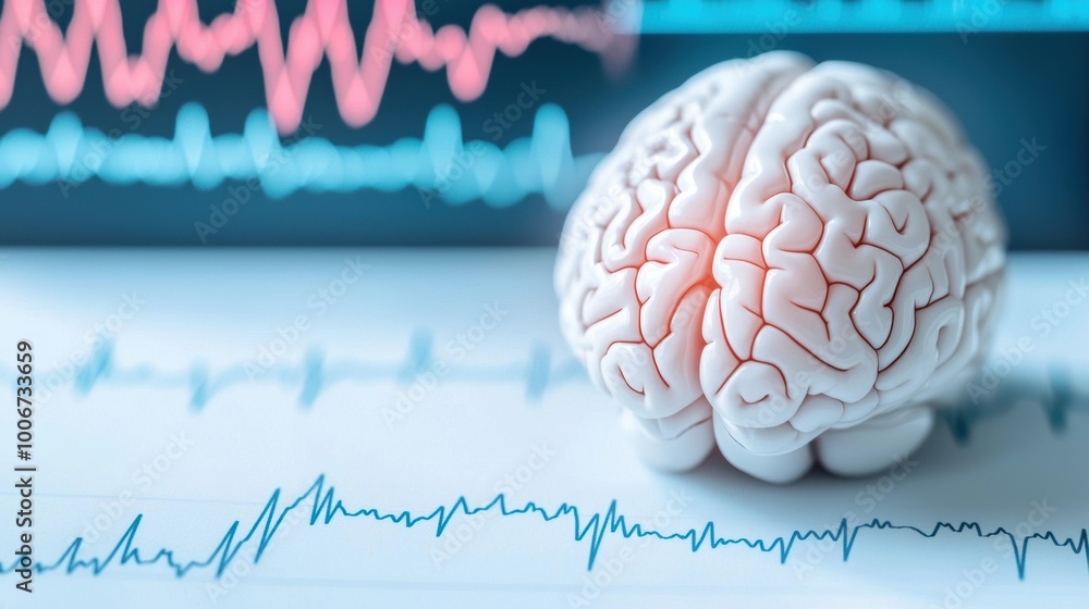 Brain model with brainwave graph and monitor 3D illustration of a brain ...