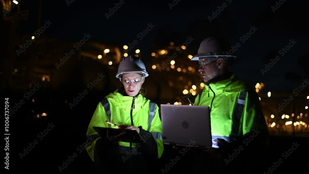 Engineer wear uniform and helmet stand workplace hand holding tablet ...