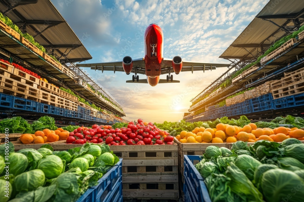 Airplane landing over fresh produce crates a visual representation of ...