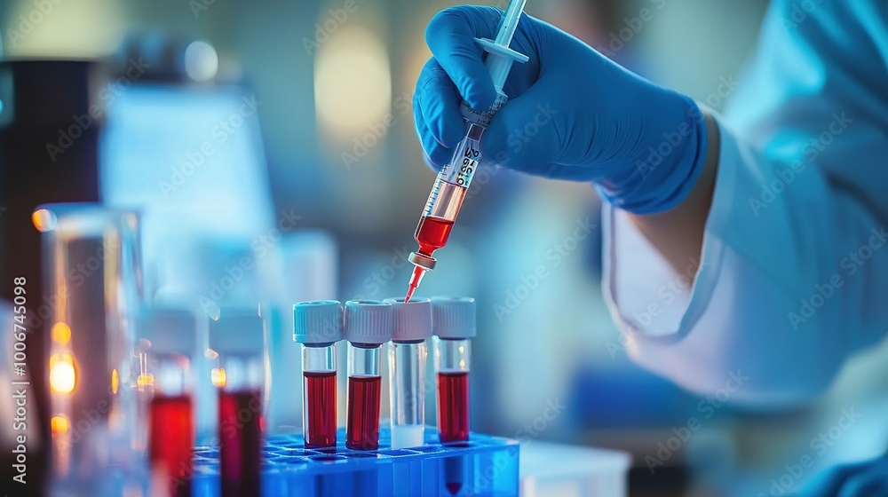 Scientists or physicians analyze the blood sample in vitro to prepare a ...