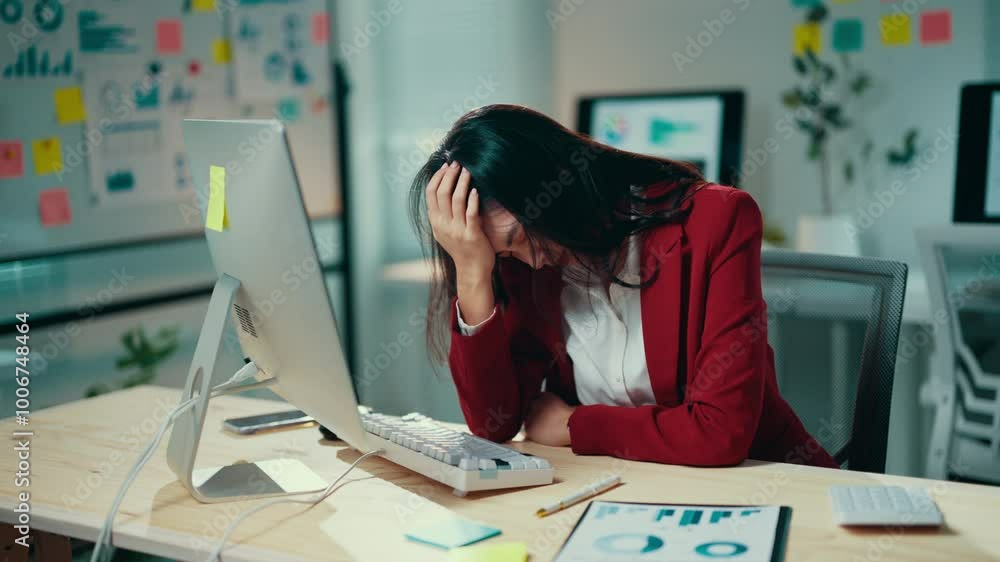 Frustration builds as a businesswoman struggles with her computer at ...