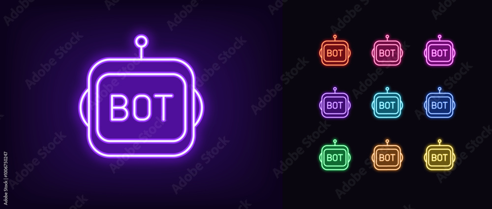 Vetor de Outline neon chat bot, icon set. Glowing neon robot face with ...
