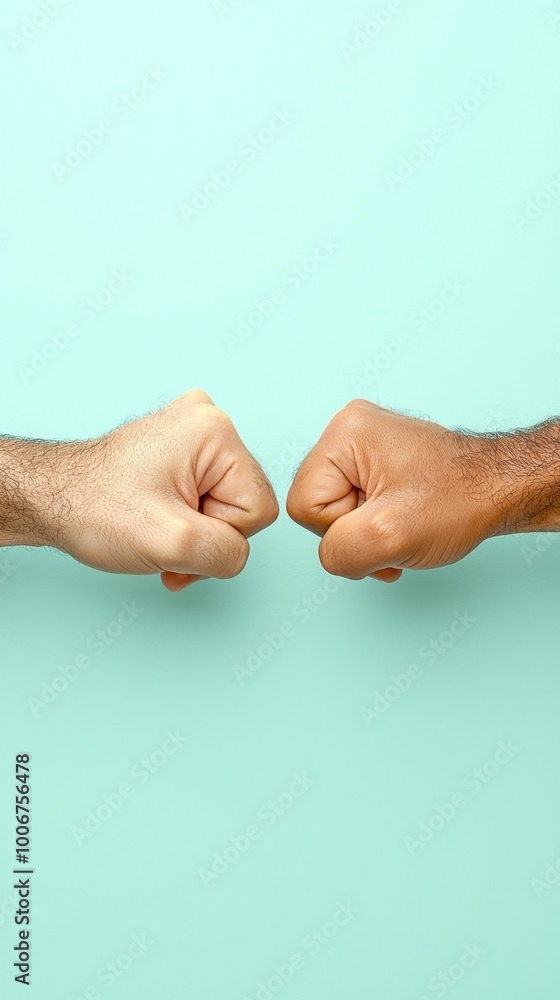 Hands of different skin tones meet in a fist bump against a light blue ...
