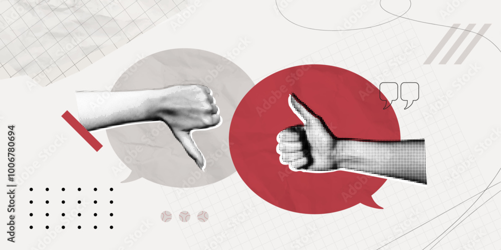 Trendy Halftone Collage Speech bubble messages and two hands with like ...