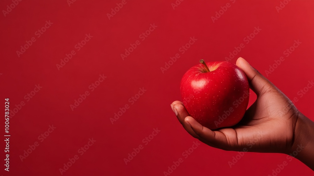 A hand grasps a shiny, ripe apple, placing emphasis on its texture and ...