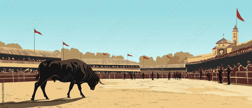A bull stands in an empty arena, surrounded by a barren landscape and ...