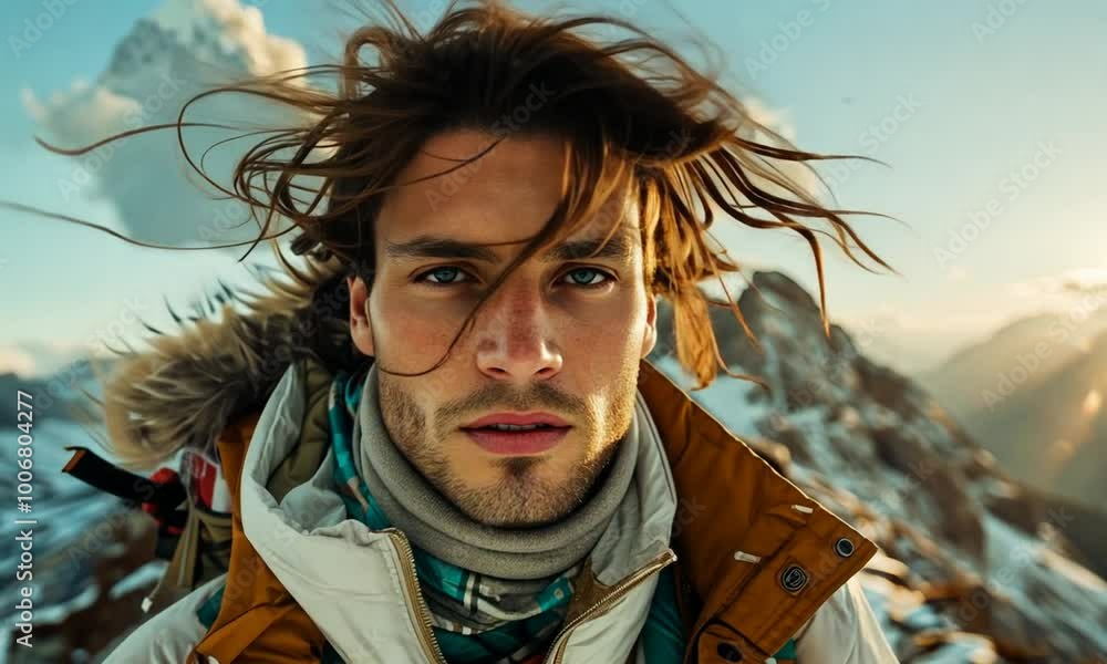A fearless adventurer stands atop majestic mountains, wind tousling his ...