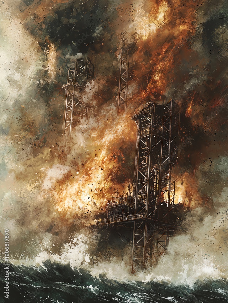 A dramatic portrayal of an oil rig explosion at sea, with massive ...