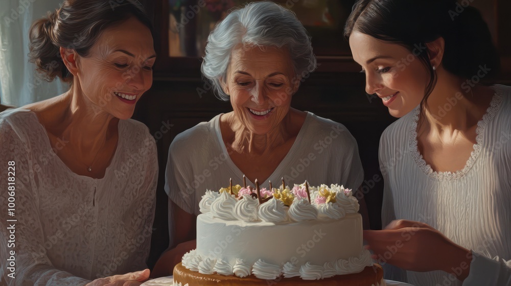 Three generations of women gather around a birthday cake, representing ...