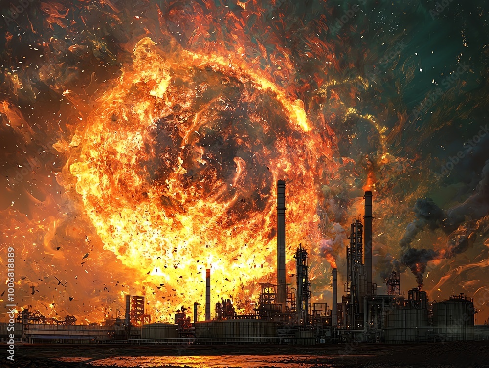 An intense depiction of an industrial explosion at a factory, with ...