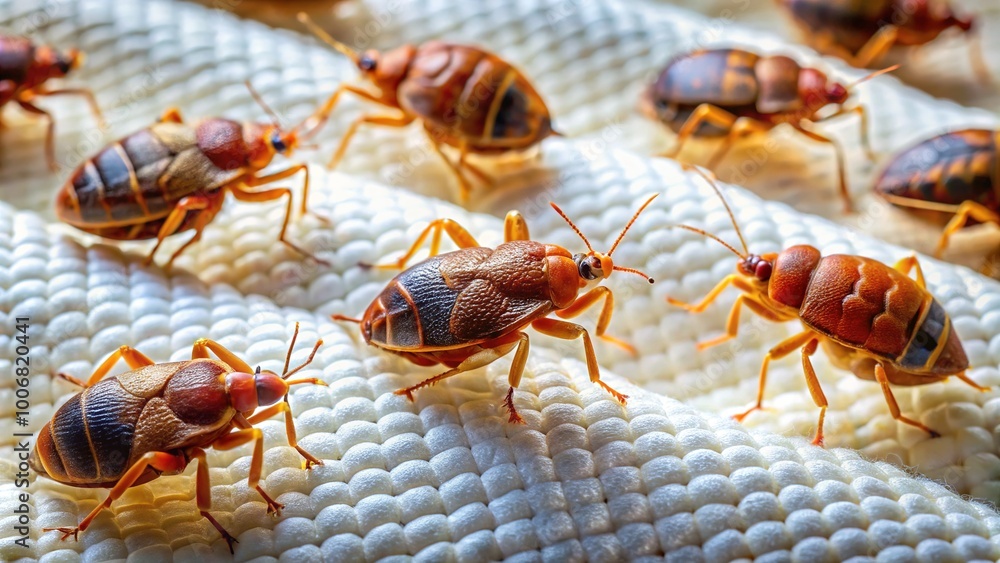 Tiny, elongated bed bugs crawl across the mattress, their segmented ...