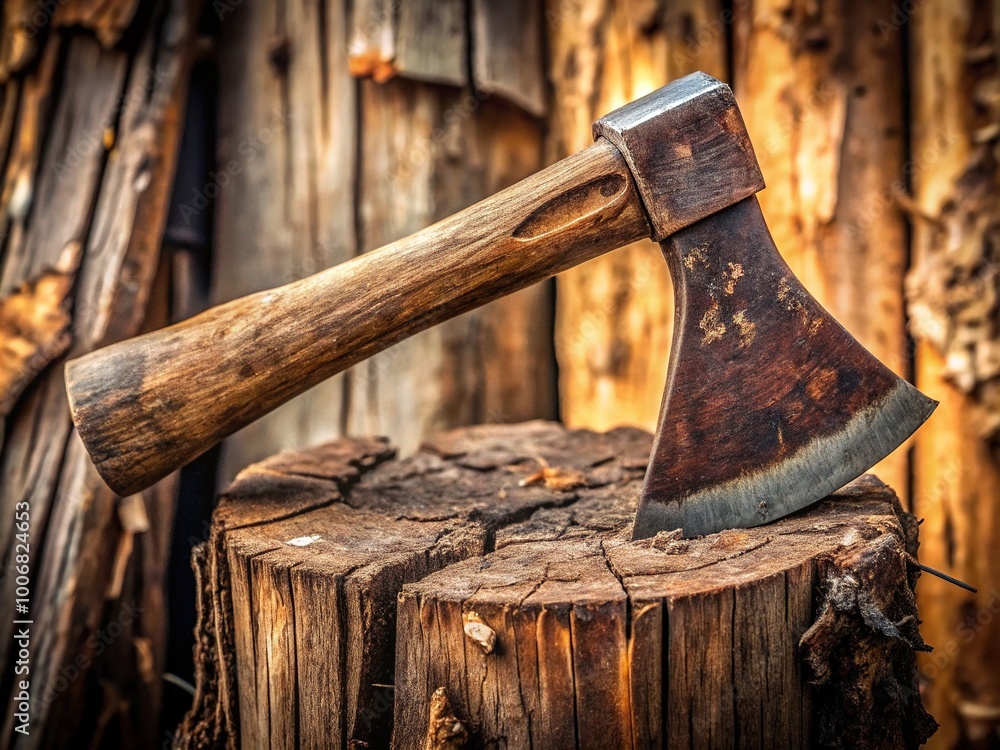 Weathered wooden stump yields to rusty axe blade, splintered edges and ...