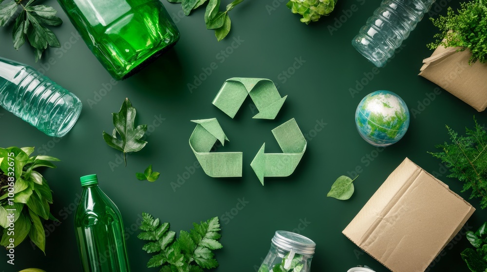 Eco-friendly assortment featuring recycling arrows in the center ...