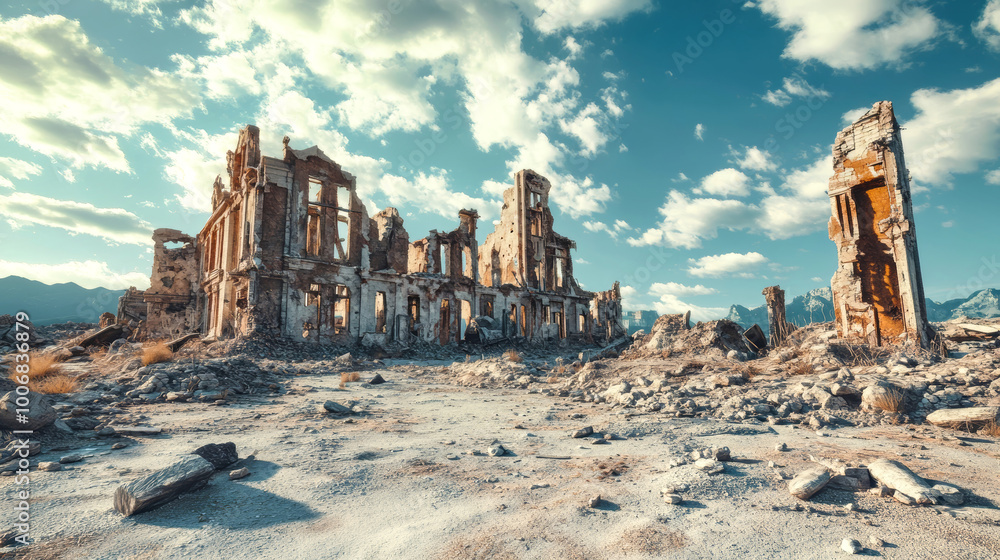 Venture into a desolate area filled with crumbling structures and ...