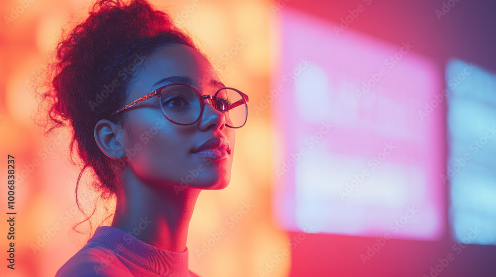 A digital name tag on a large screen, welcoming attendees to a ...