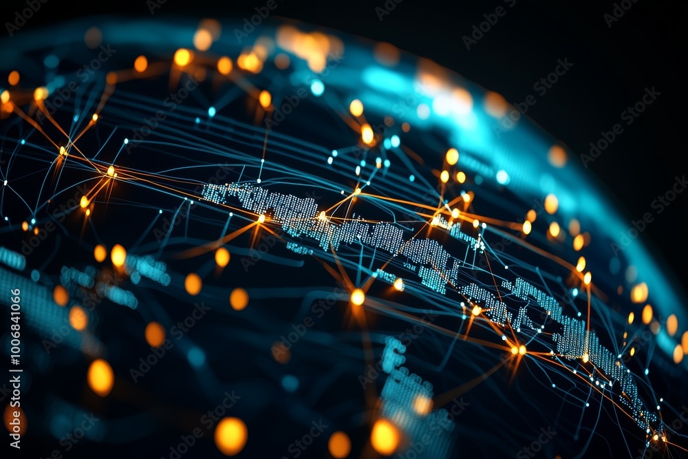 A digital globe with communication signals, beams, and satellite ...
