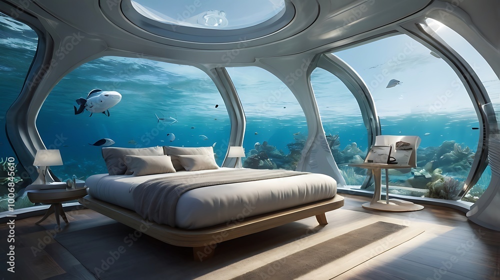 Futuristic underwater cities enclosed in transparent domes, allowing ...