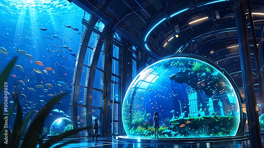 Futuristic underwater cities enclosed in transparent domes, allowing ...