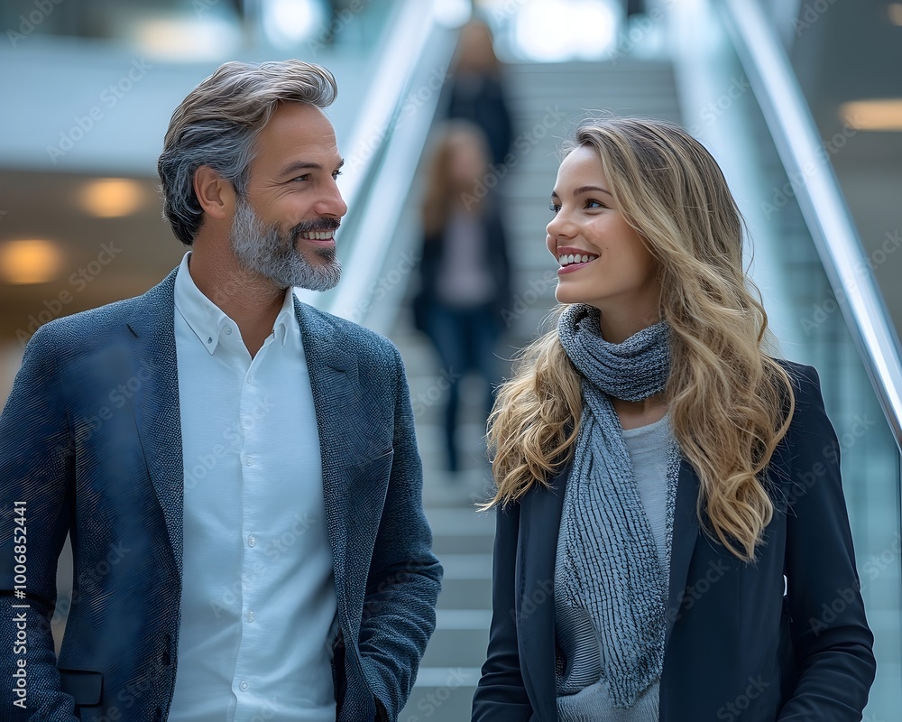 happy colleagues engaging in conversation while ascending the stairs at ...
