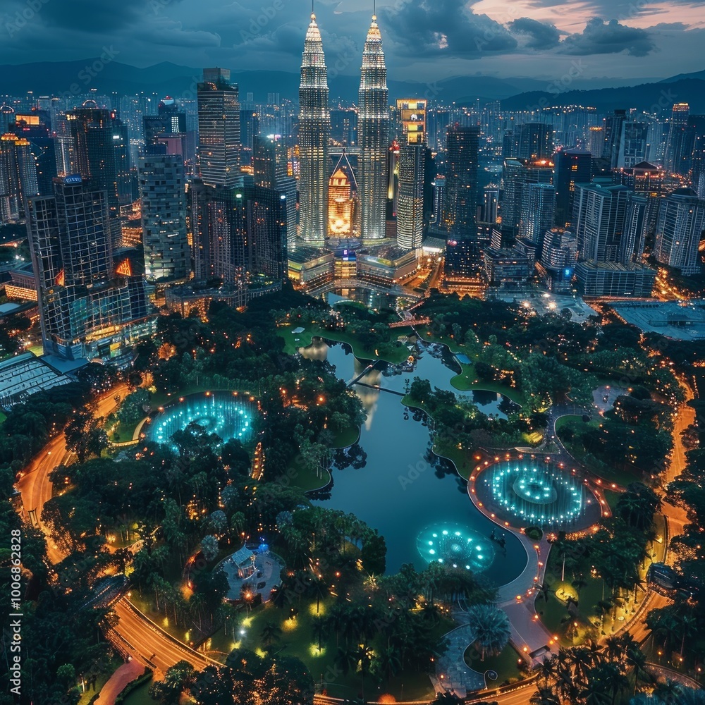 Night aerial view of the KLCC Park in Kuala Lumpur, Malaysia. The urban ...