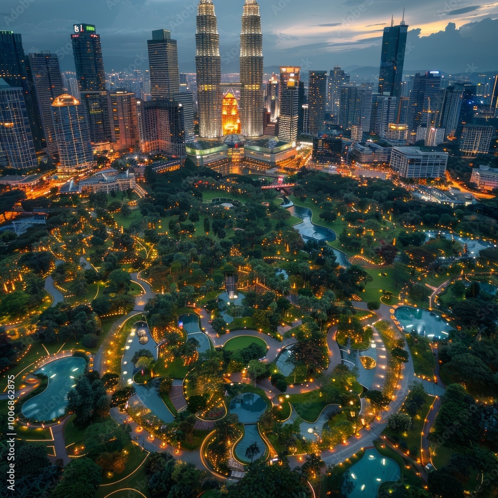 Night aerial view of the KLCC Park in Kuala Lumpur, Malaysia. The urban ...