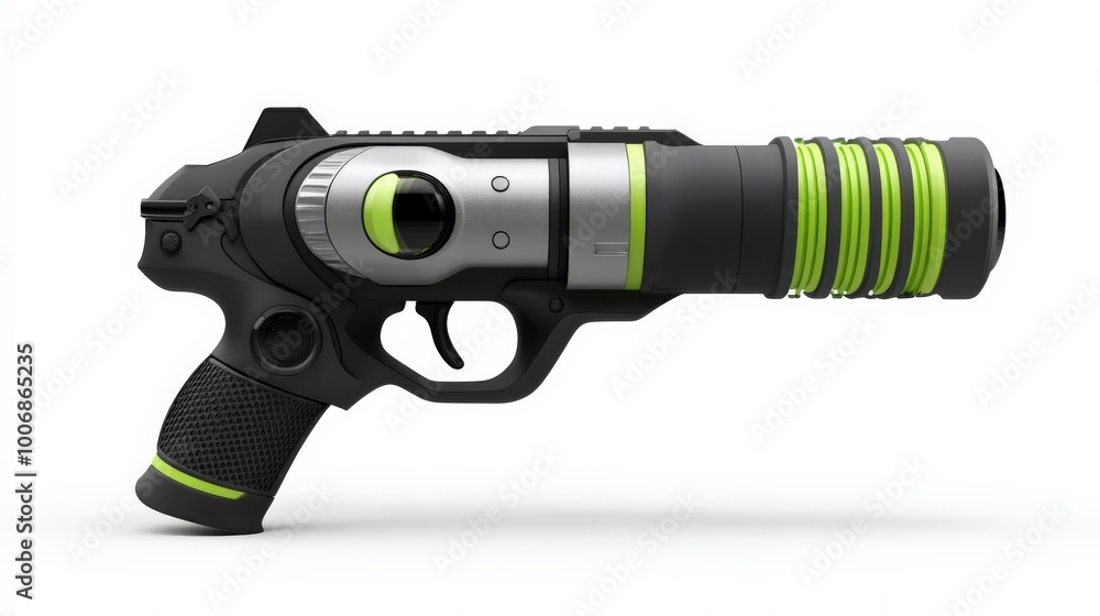 Futuristic Pistol: A sleek, futuristic pistol with a black and silver ...