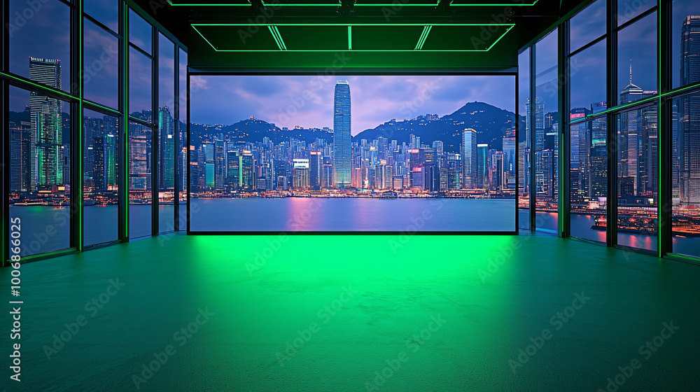 Futuristic green screen studio with panoramic city view, showcasing ...